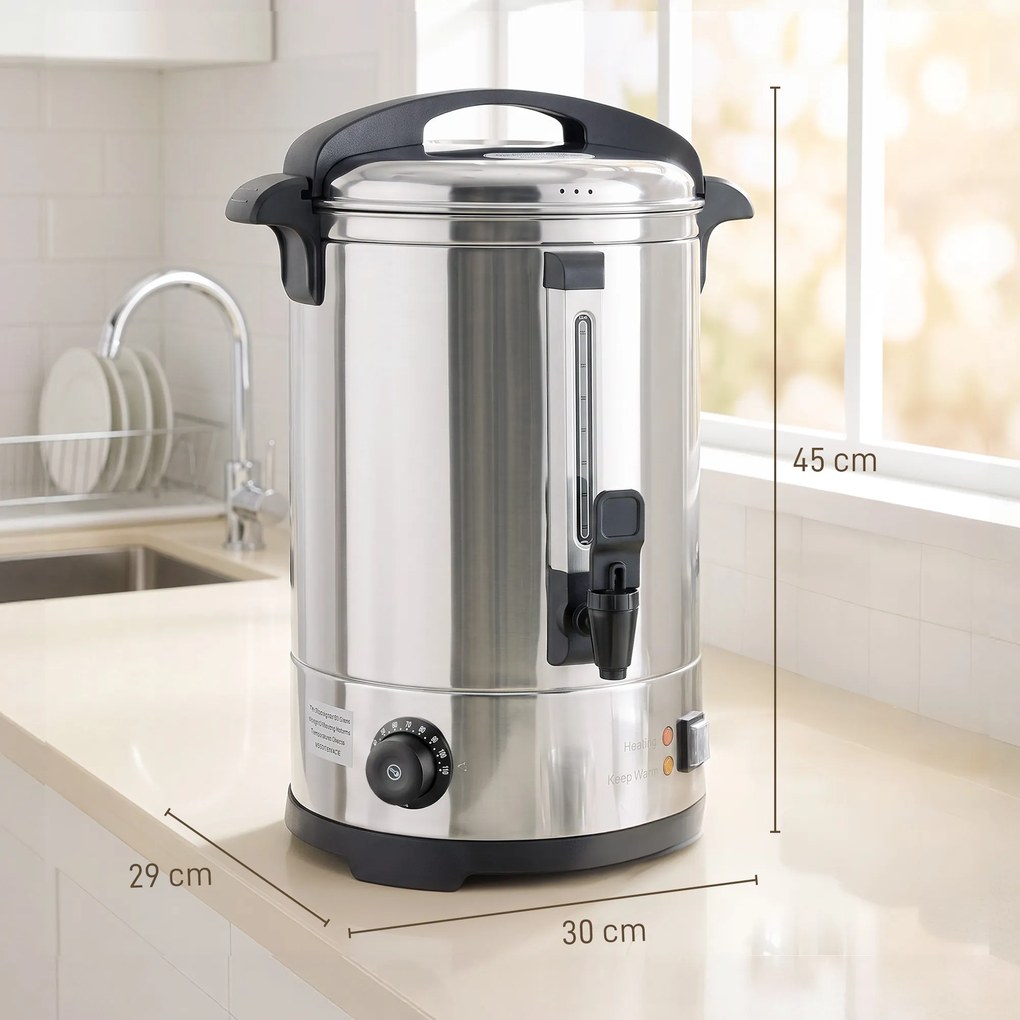 HOMCOM ohřívač vody 6,5 L, 1500 W, nerezová ocel, s termostatem, funkcí udržování teploty a výpustným kohoutkem
