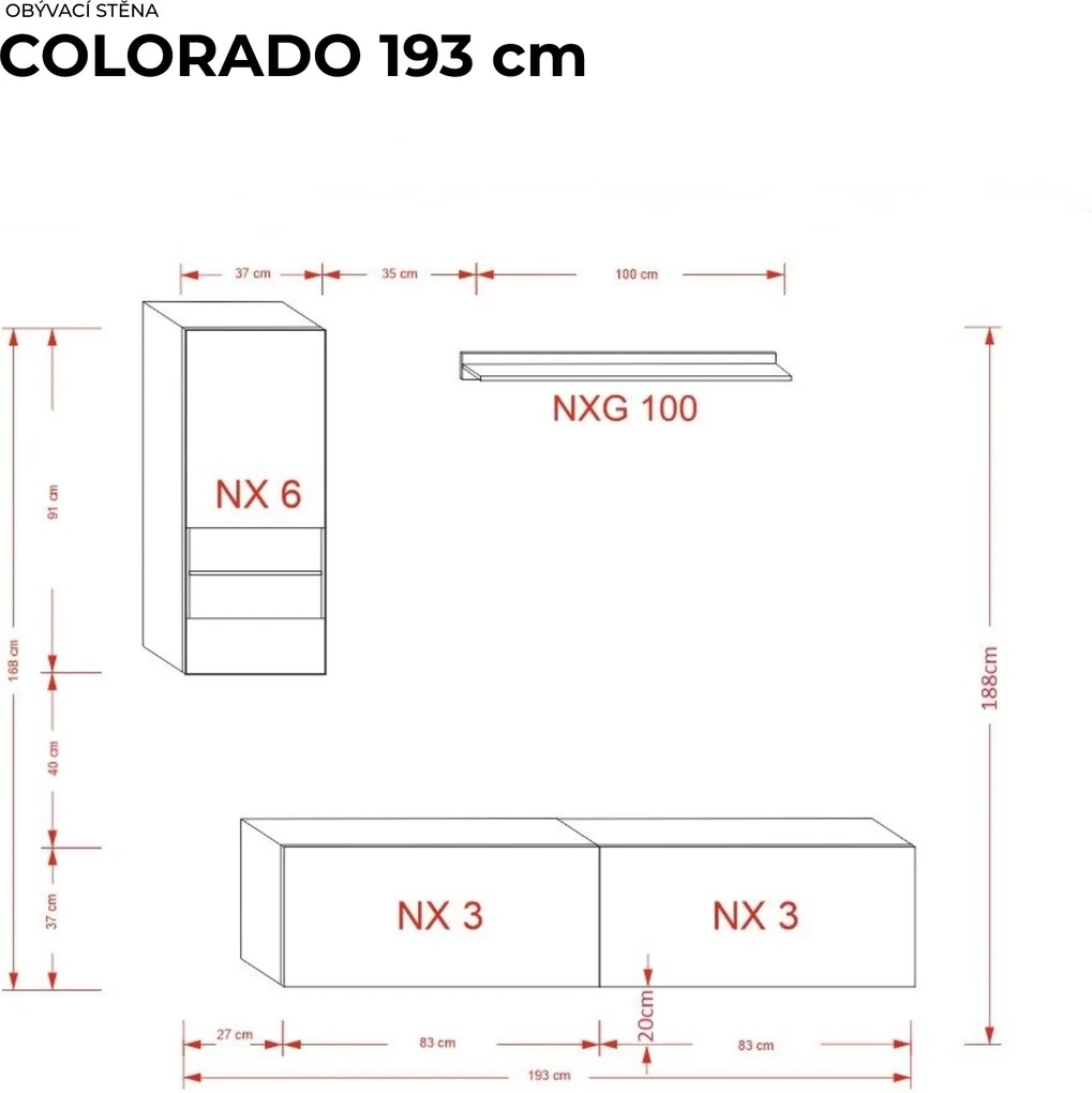 Ral Obývací stěna COLORADO 2, 193 cm - Bílo/černý lesk