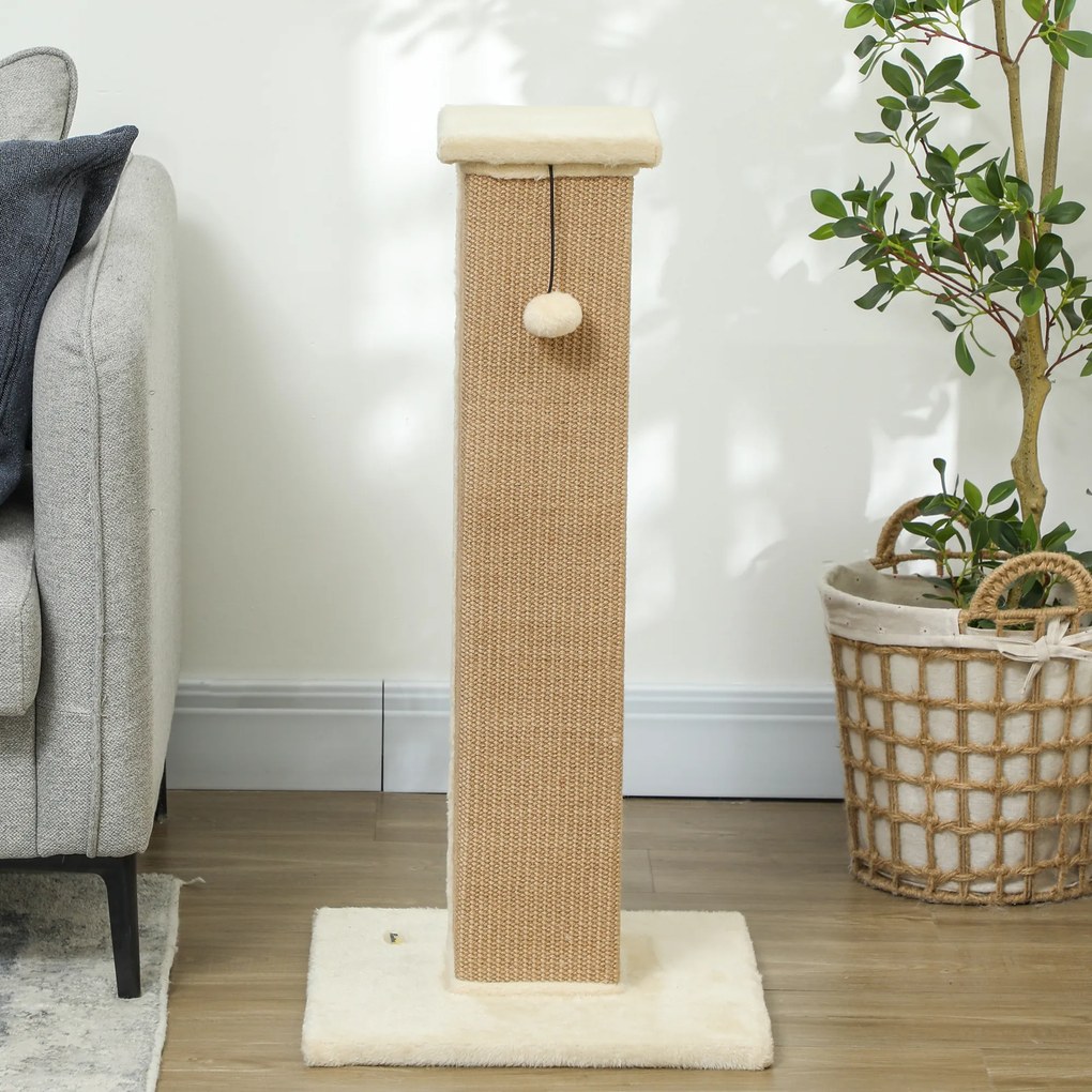PawHut Kočičí Škrabadlo Výška 81 cm s Jutovým Sloupkem a Visícím Míčkem 41x41x81 cm Béžové