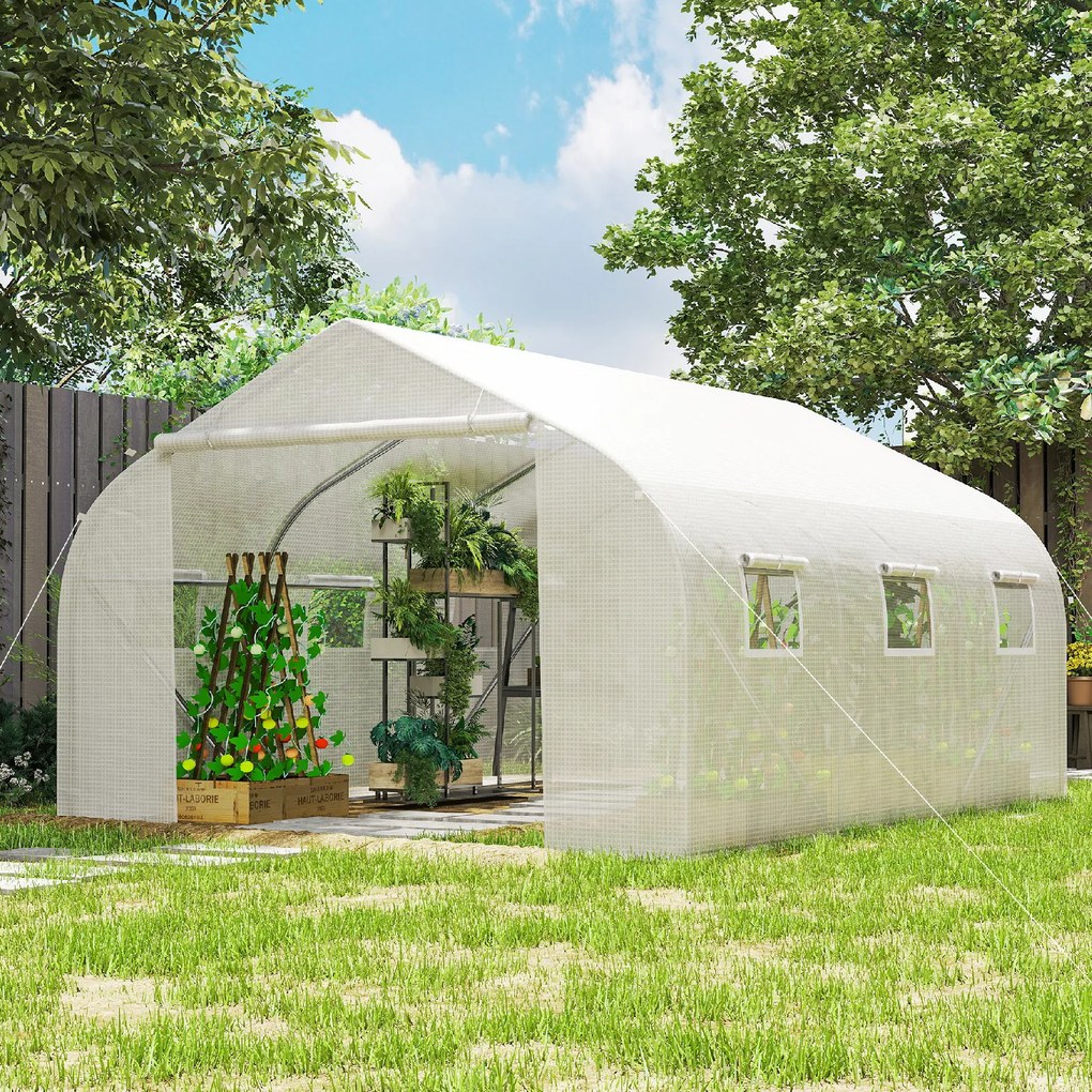 Fóliový skleník Outsunny 4,45x2,99x2,05 m, ochrana proti UV záření, okno ze síťoviny, větruvzdorný, kovový, bílý