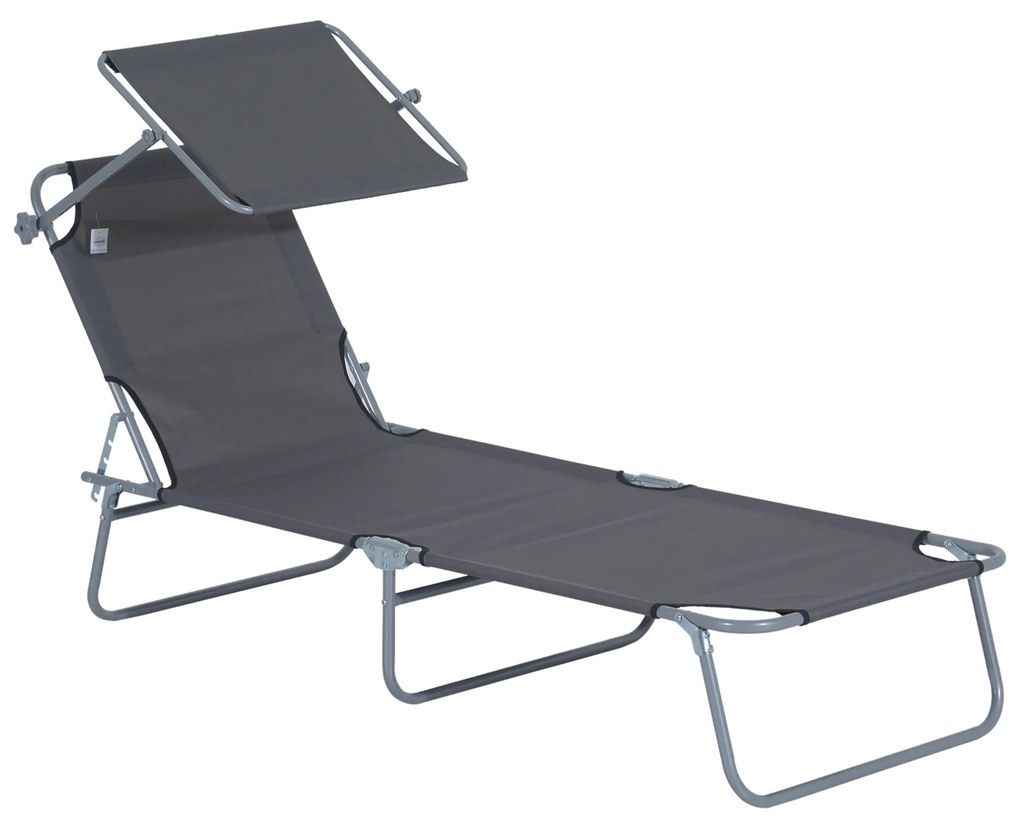Skládací zahradní lehátko Outsunny s ochranou proti slunci šedé 187 x 58 x 36 cm ideální na pláž a terasu
