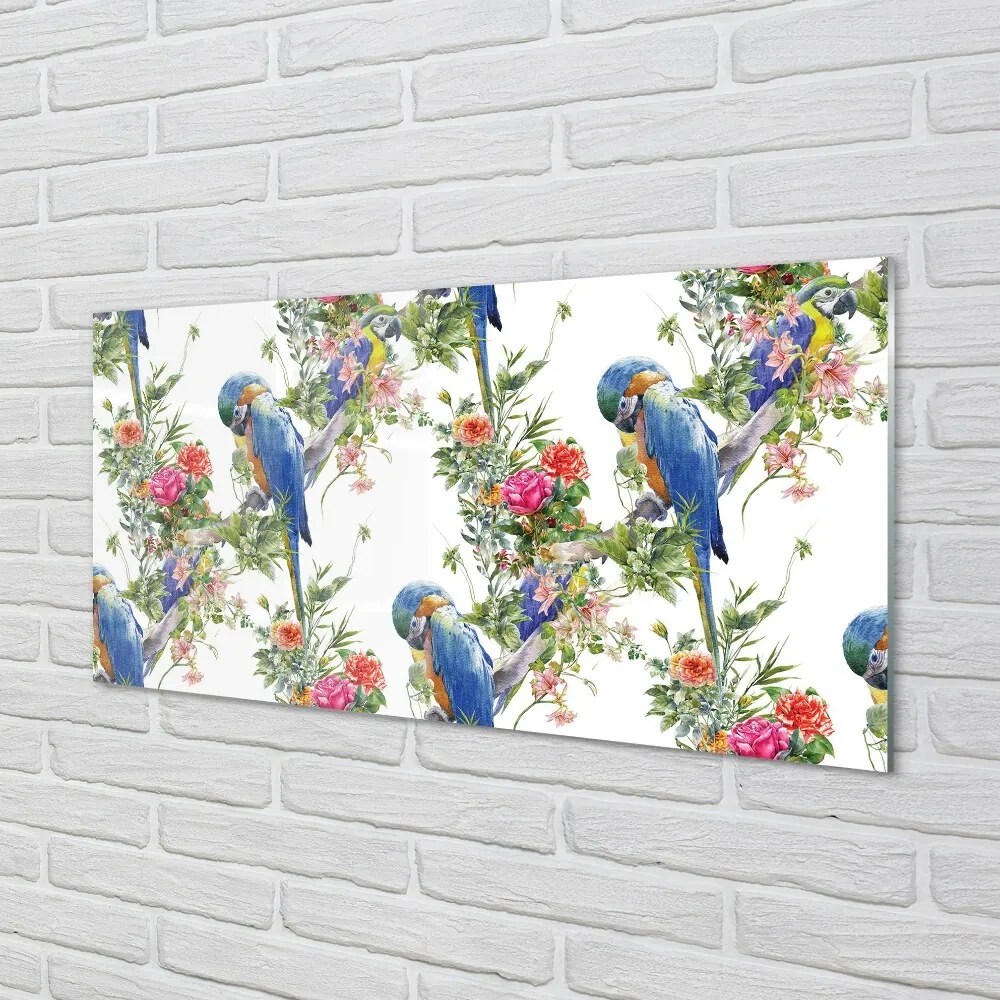 Obraz na skle Ptáci na větvi s květinami 125x50 cm