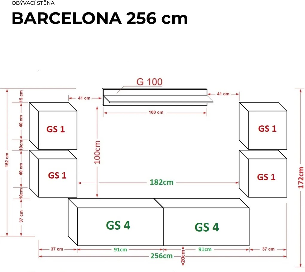 Ral Obývací stěna BARCELONA 4, 256 cm - Bílý lesk
