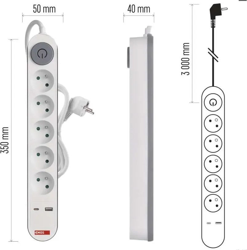 Prodlužovací kabel EMOS Fast Charging, 5x zásuvka, 1×USB-A + 1×USB-C vypínač, 3m, bílý