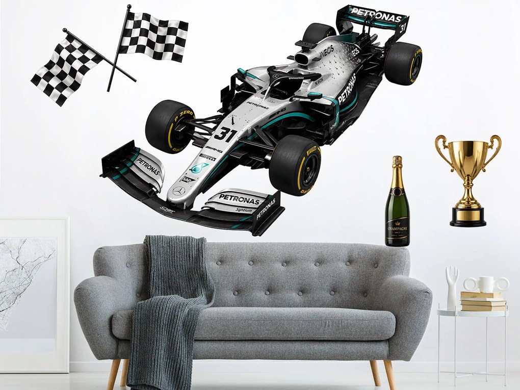 Stříbrnočerná formule F1 sportovní samolepky na zeď arch 75 x 54 cm