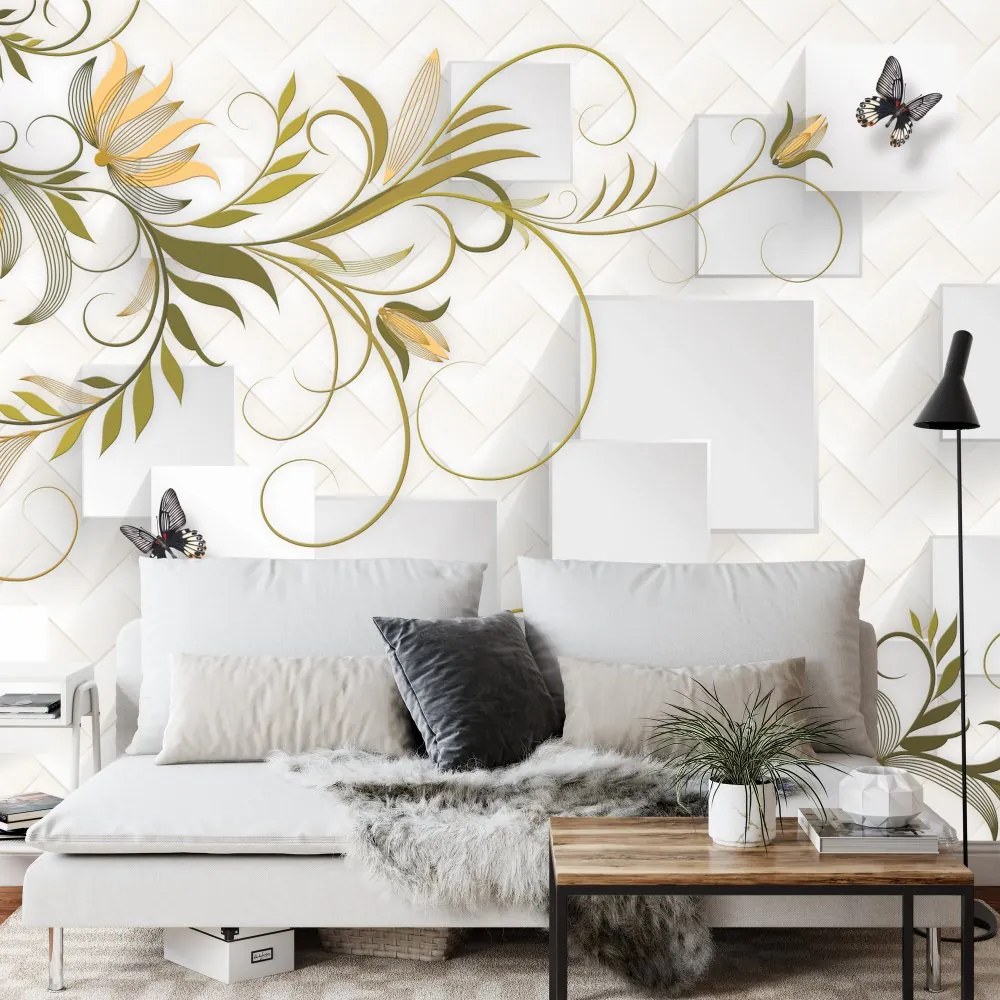 Fototapeta Abstract Floral And Butterfly Background With Frame For 3D Living Room Bedroom Tv 3D Wallpaper Home Decoration Mural Wallpaper For Walls Hladký vinyl 208x146