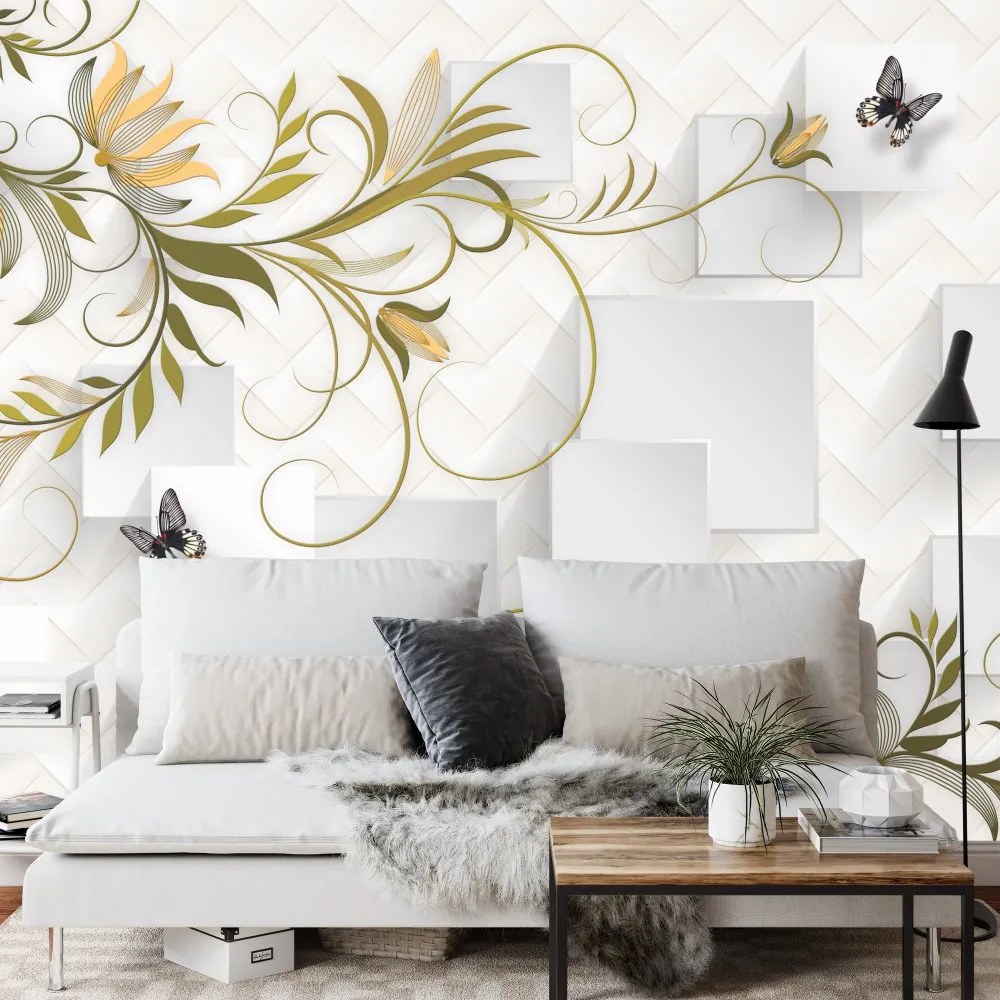 Fototapeta Abstract Floral And Butterfly Background With Frame For 3D Living Room Bedroom Tv 3D Wallpaper Home Decoration Mural Wallpaper For Walls Omyvatelný vlies 270x180