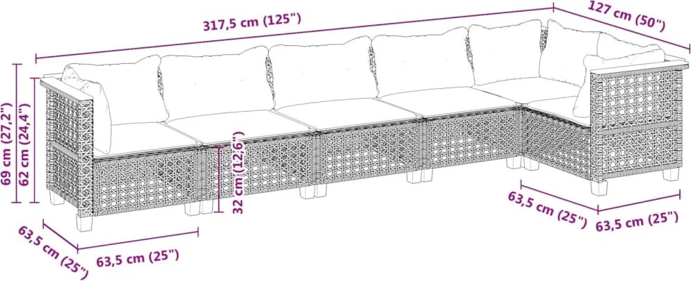 6dílná zahradní sedací souprava s poduškami černá polyratan 3261848