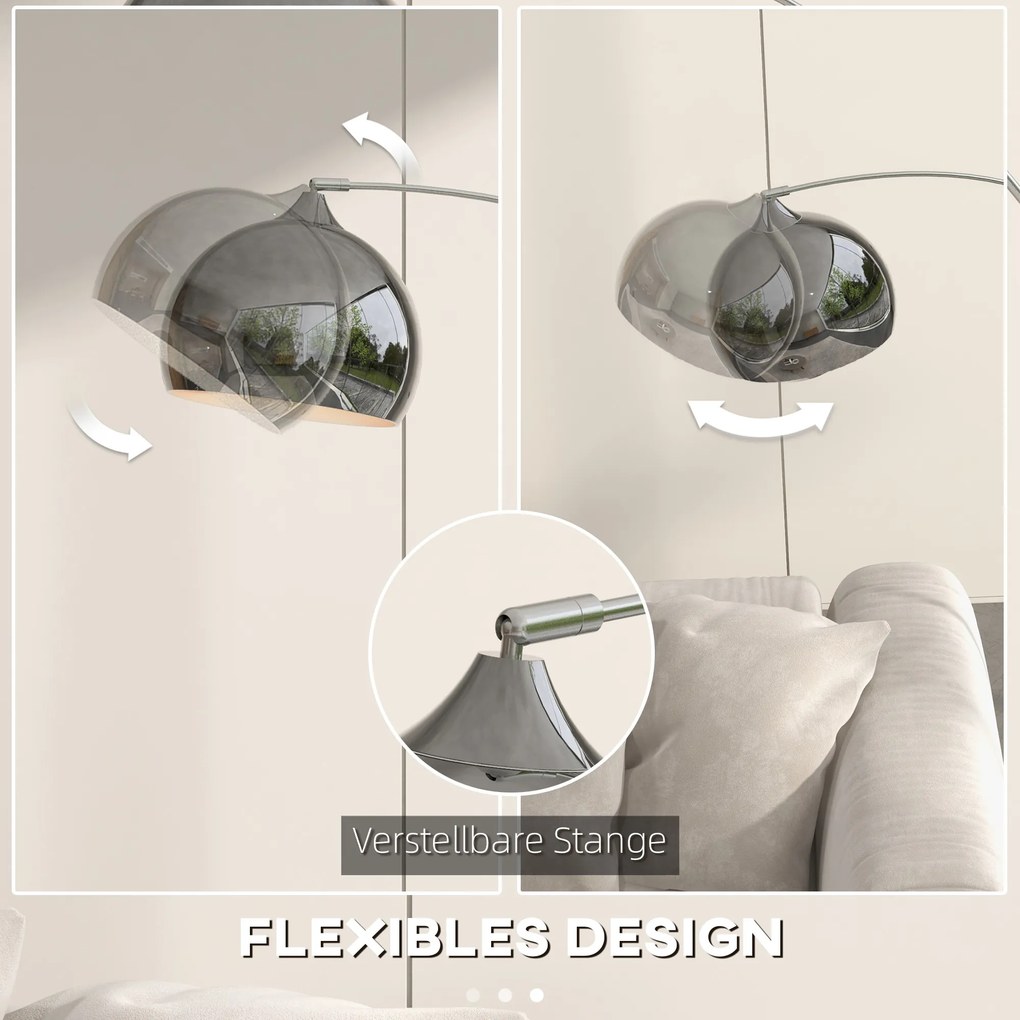 HOMCOM Stojací lampa, 40 W, 100-115L x 30W x 170-180H cm, výškově nastavitelná, otočná, oblouková lampa s žárovkou, patice E27, stříbrná | Aosom