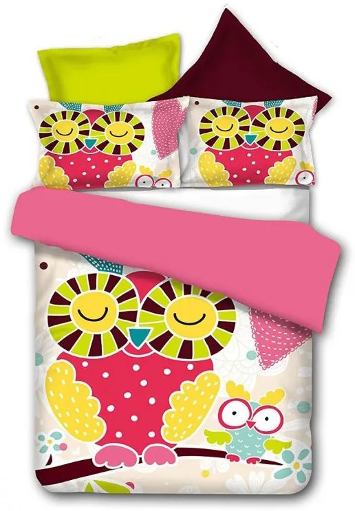 DecoKing - Povlečení mikrovlákno Bílo-růžové Owls FUNNY STORY DĚTSKÉ VZORY SOVY 135x200 + 80x80*1