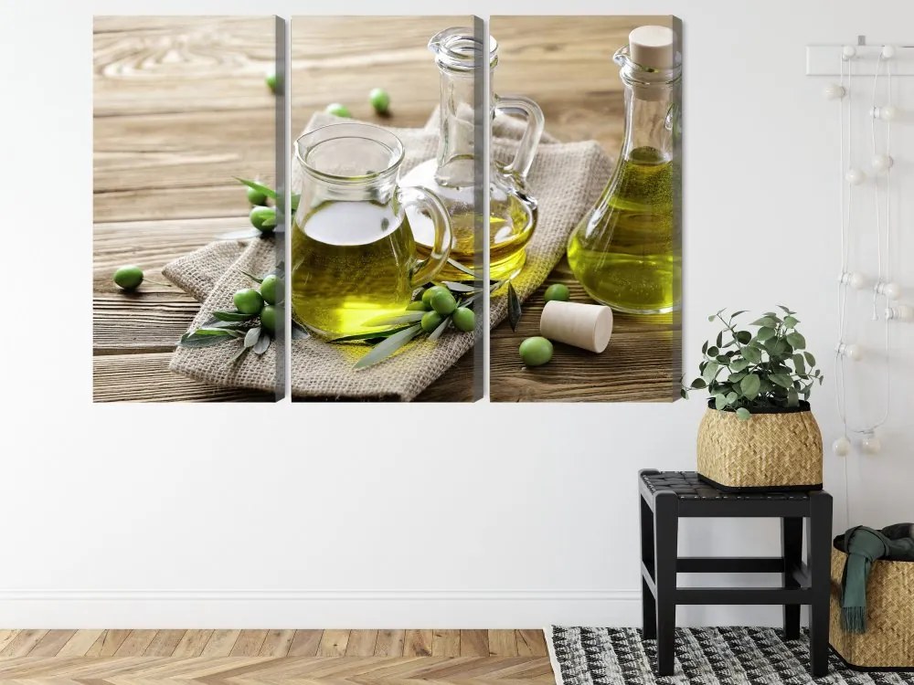 Vícedílný obraz Olivový Olej Se Zelenými Olivami Nedostatek Nedostatek Přírodní plátno 180x120