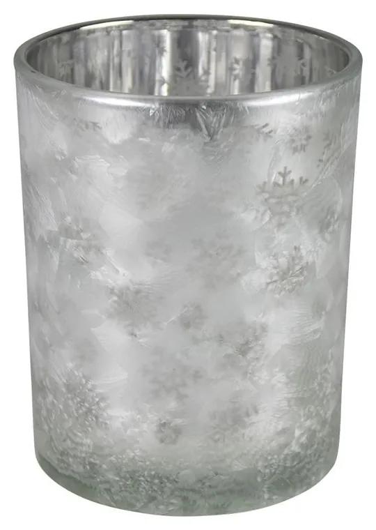 Skleněný svícen na čajovou svíčku s motivem sněhových vloček – Ø 8*10cm
