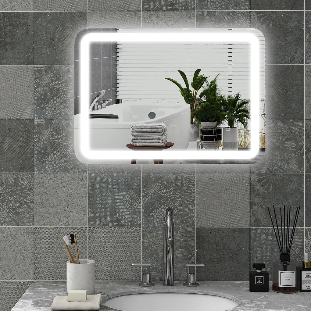 HOMCOM koupelnové zrcadlo, osvětlené, dotykové ovládání, proti zamlžení, stmívatelné, 3 barvy světla, 70x90, stříbrná