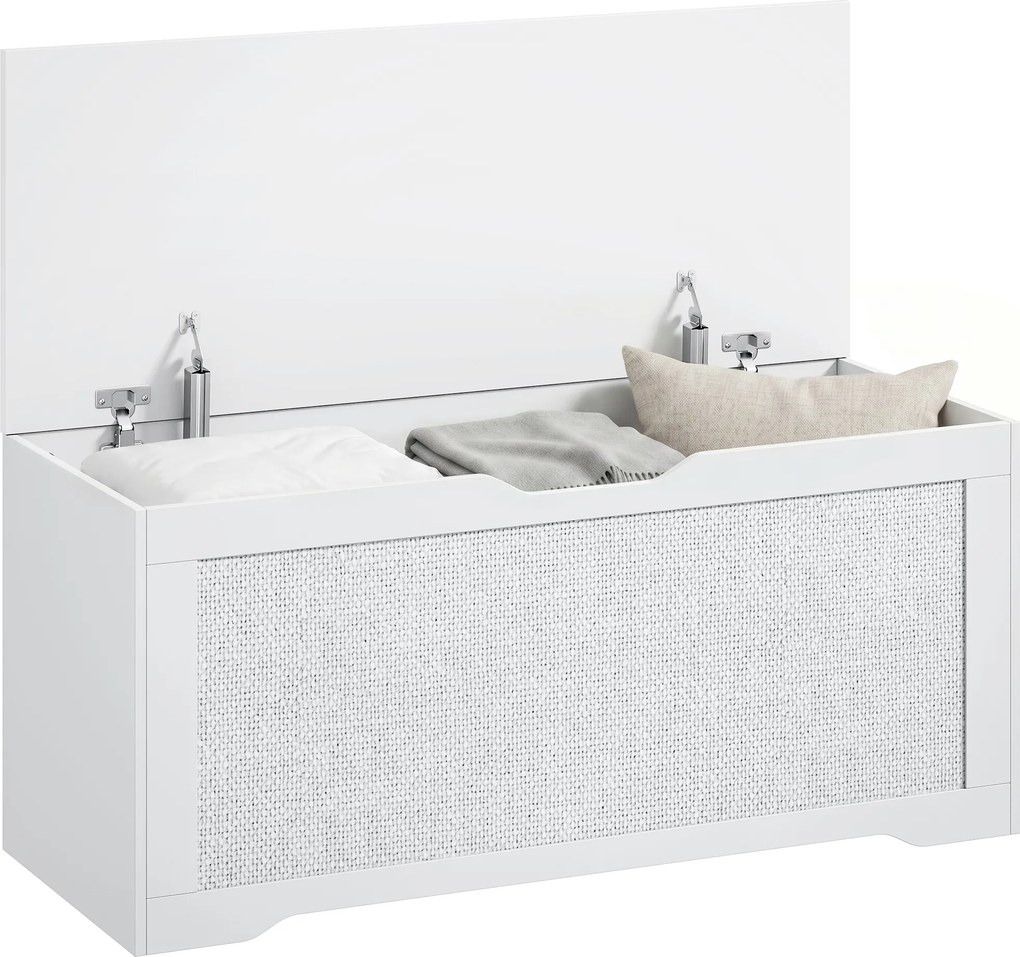 HOMCOM úložný box 108L Úložná lavička s ratanovým panelem, skládací víko, podpěrná ramena pro chodbu 80x40x45cm Bílá