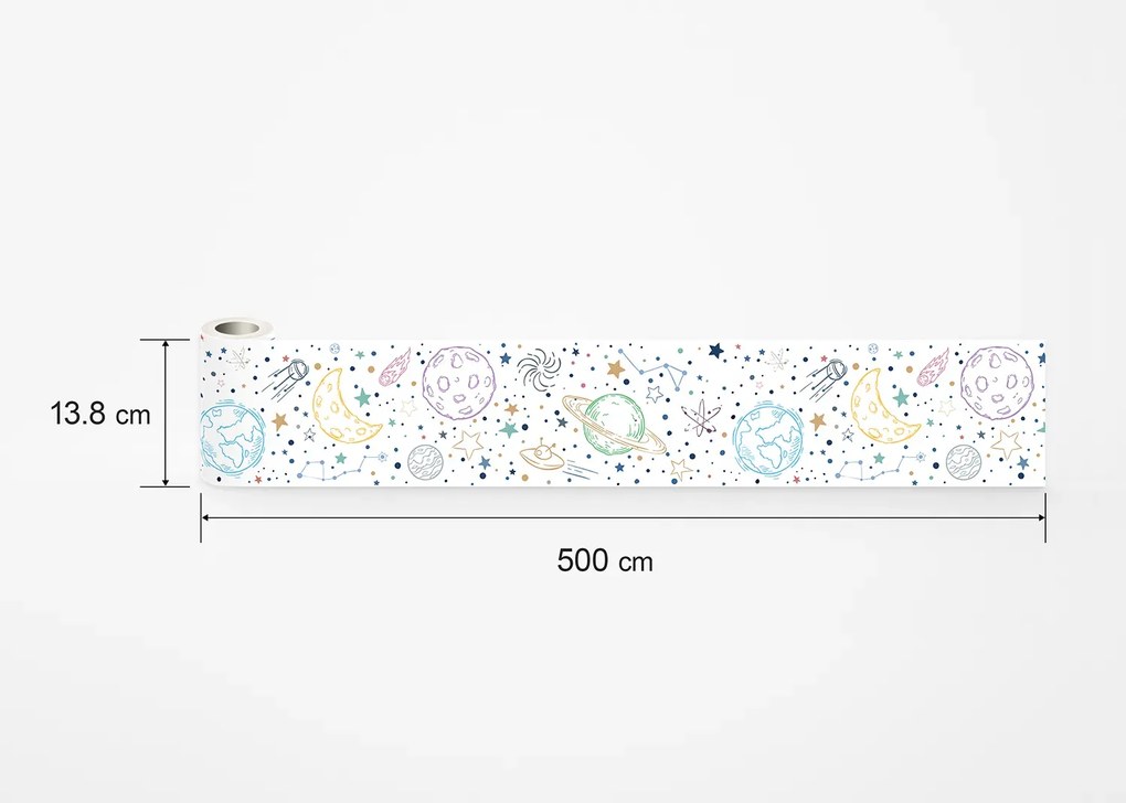 Dětská samolepící bordura na zeď Bílý Kreslený Vesmír | 5 m x 13.8 cm | DWBD8531