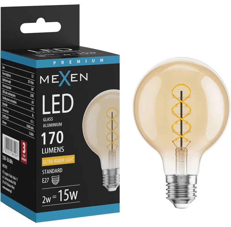 Mexen Vintis Žárovka filament spirála LED E27, G80, 2W, Teplá - 2200K, 170 lm, amber - L165-E27-0222-50
