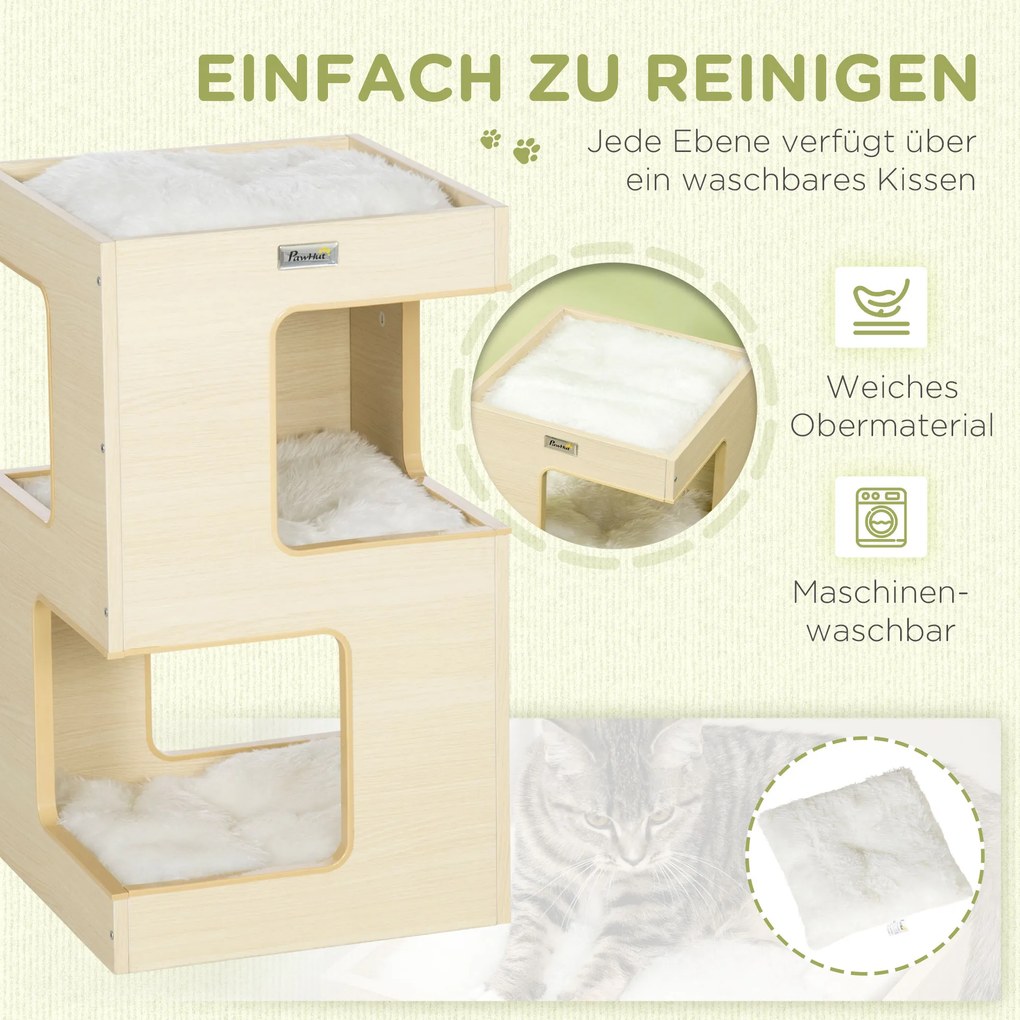 PawHut cat cave třípatrová skříňka pro kočky vnitřní domeček pro kočky s polštáři a hračkami z dubového dřeva 34x34x60 cm pro milovníky koček