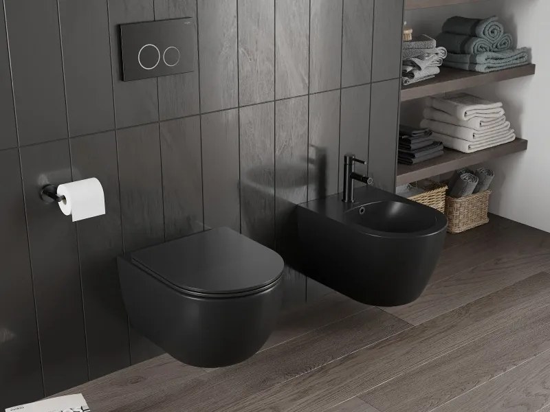 Mexen Carmen, závěsná WC mísa 490x365x340 mm, Rimless Tornádo, černá matná, 3388XX85T