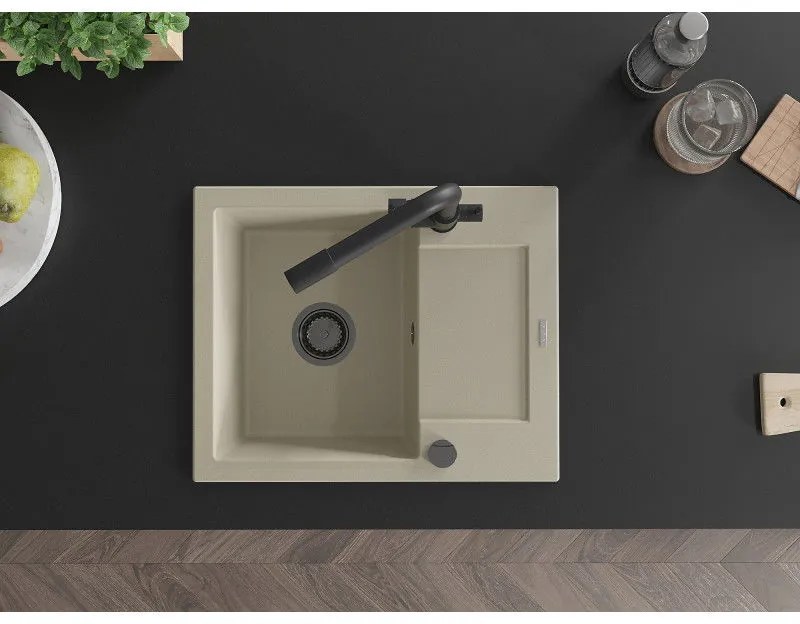 Mexen Enzo, granitový dřez 576x465x174 mm, 1-komorový, černá matná baterie Duero, béžová, 6506-69-671600-70