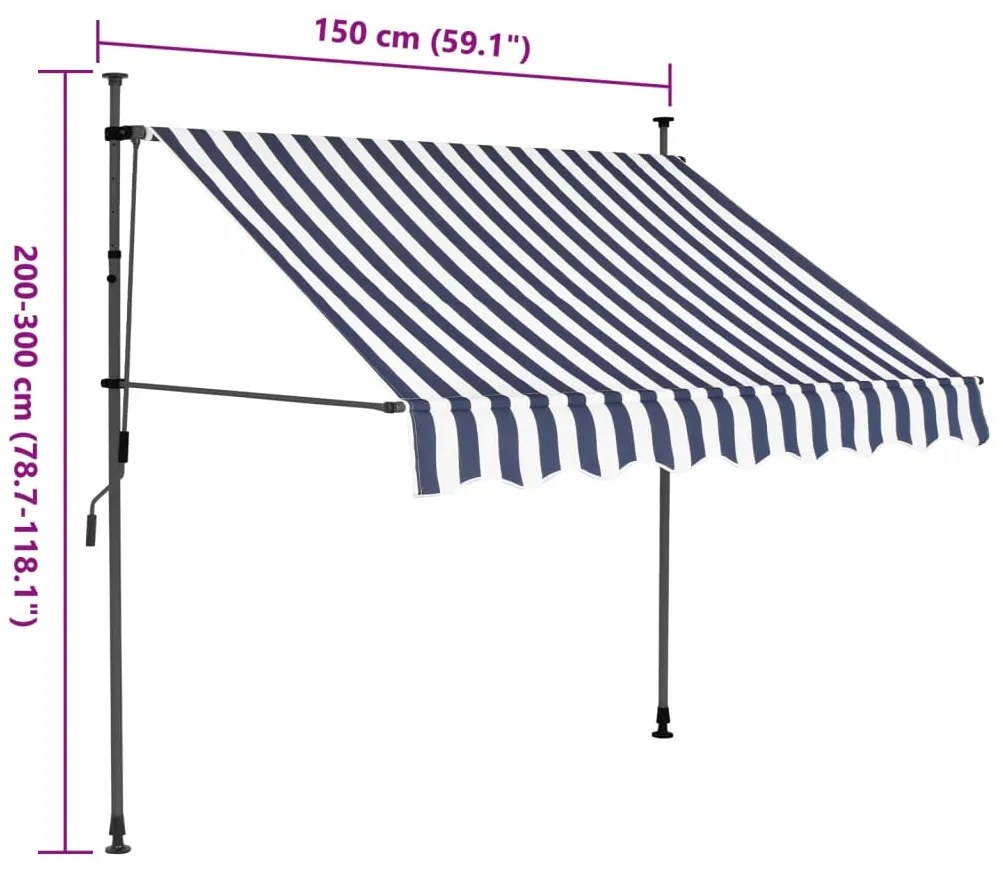 vidaXL Marketos Ručně zatahovací markýza s LED světlem 150 cm modrobílá