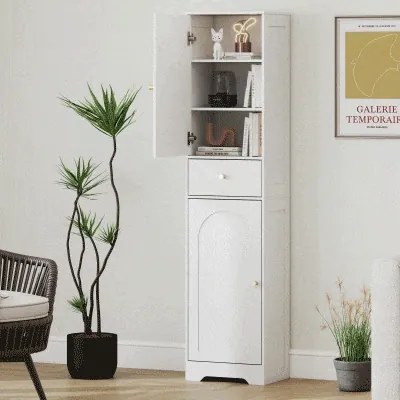HOMCOM vysoká koupelnová skříň s 2 obloukovými dveřmi, zásuvkou a nastavitelnými policemi, moderní, 40x29,5x170 cm, bíle mořená
