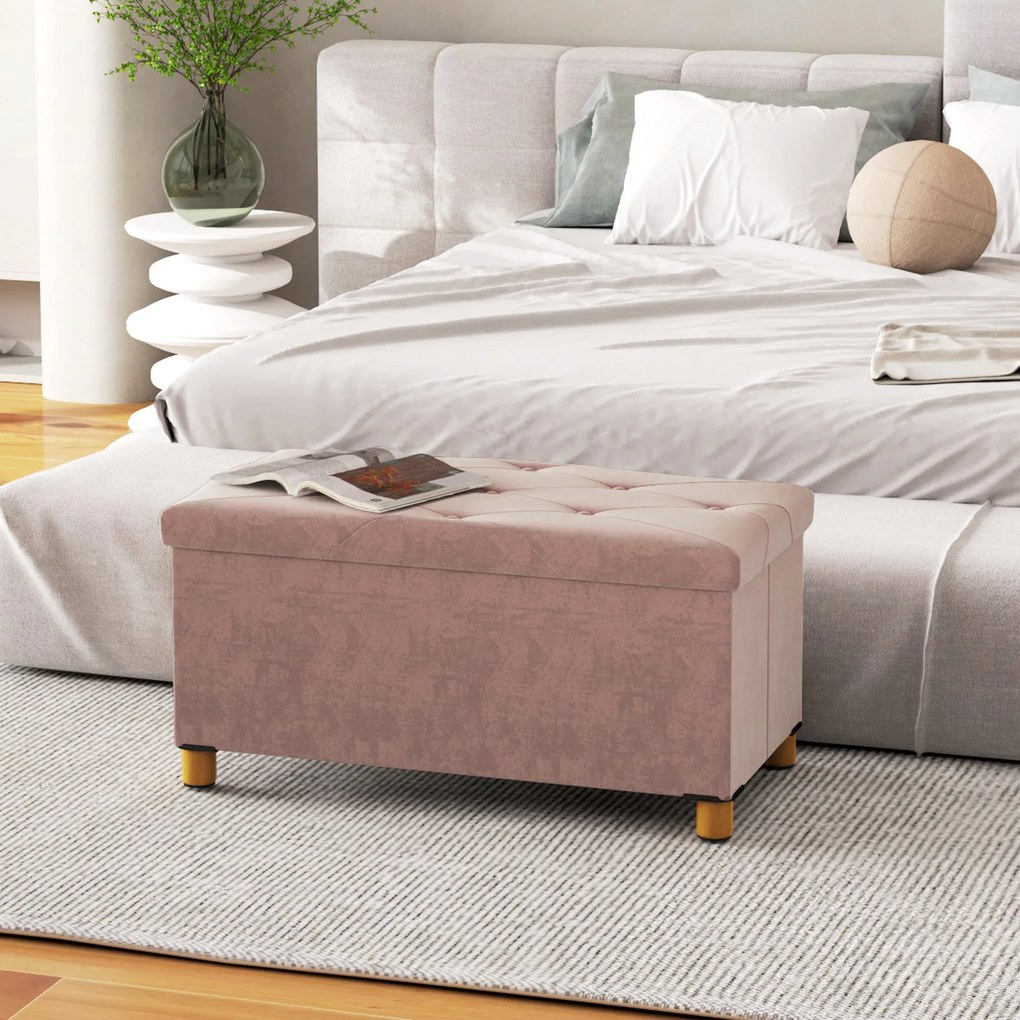 HOMCOM Úložná lavice, na konci postele, skládací, 76 x 38 x 38 cm, objem 67 L, nosnost 120 kg, s víkem, do ložnice, chodby, obývacího pokoje, růžová |