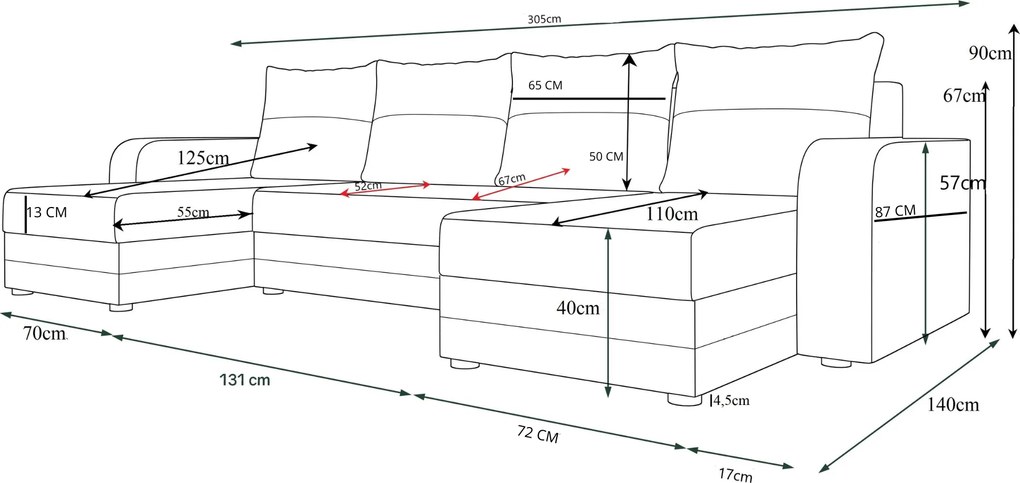 Rozkládací sedací souprava do U VALERIO 305x140 cm, světle šedá/béžová