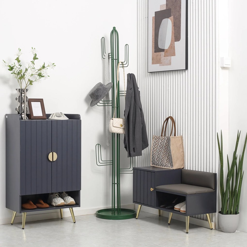 HOMCOM Šatní lavice Botník v art deco stylu, syntetický povrch, zlatá ocel, rozměry 80 x 33 x 49 cm, šedá