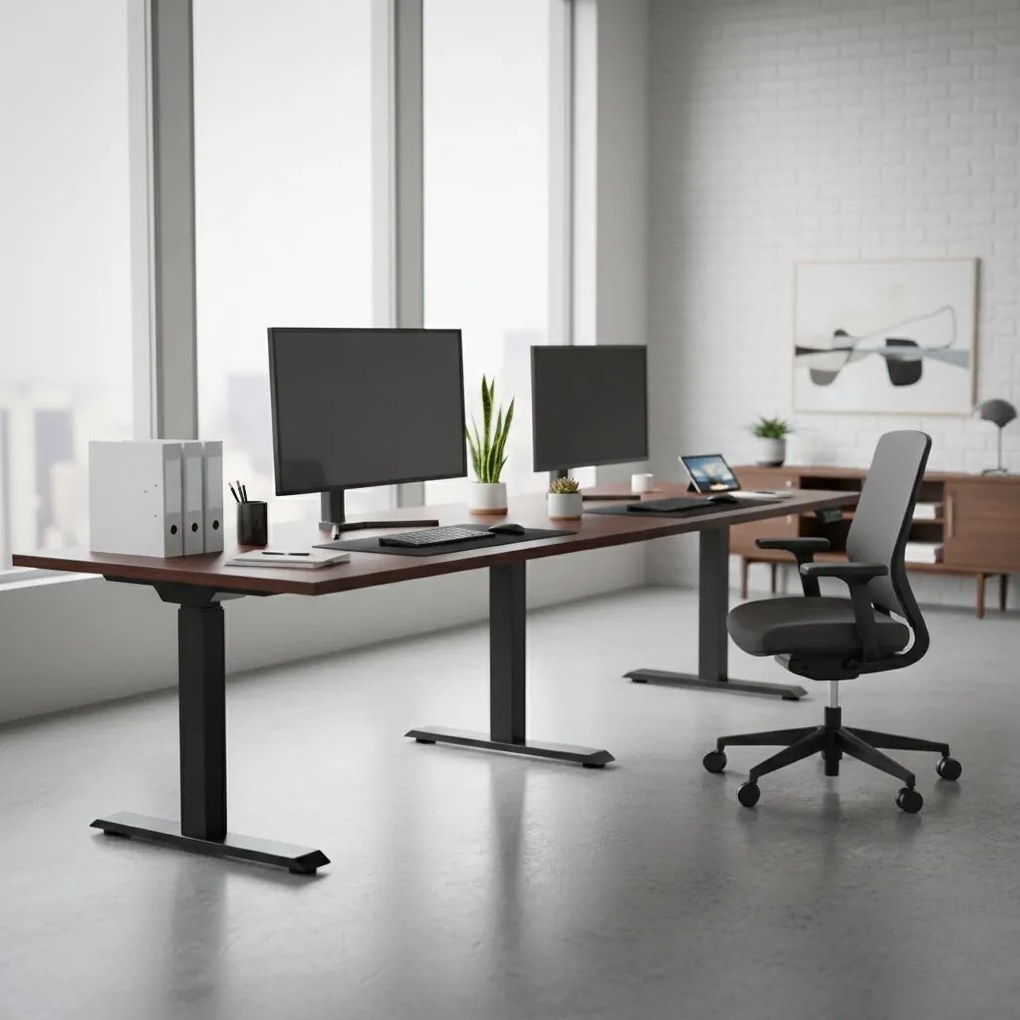 Výškově nastavitelný stůl OfficeTech Long, 260 x 80 cm, černá podnož, wenge