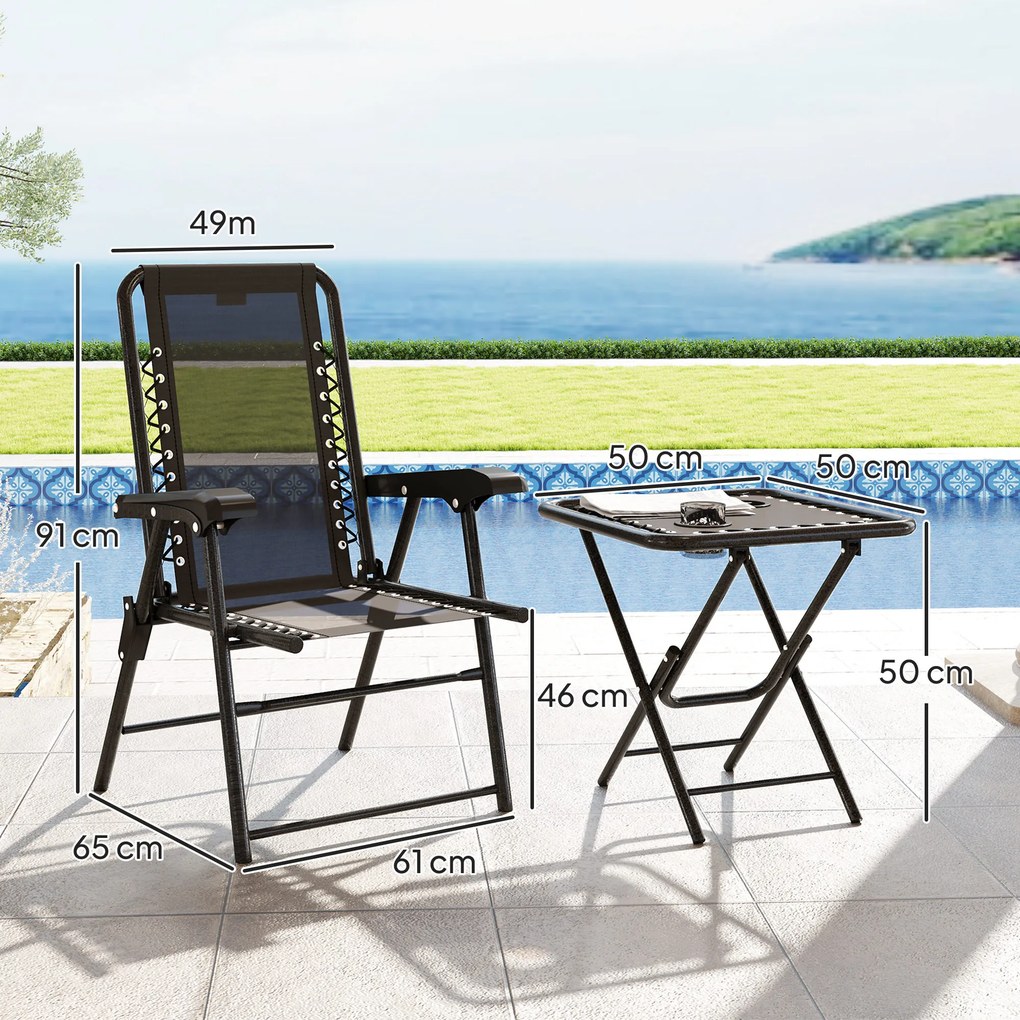 Outsunny Bistro set 3dílný ocelový zahradní nábytek odolný proti povětrnostním vlivům se skládacím bistro stolem držák na pohár zahradní židle černá