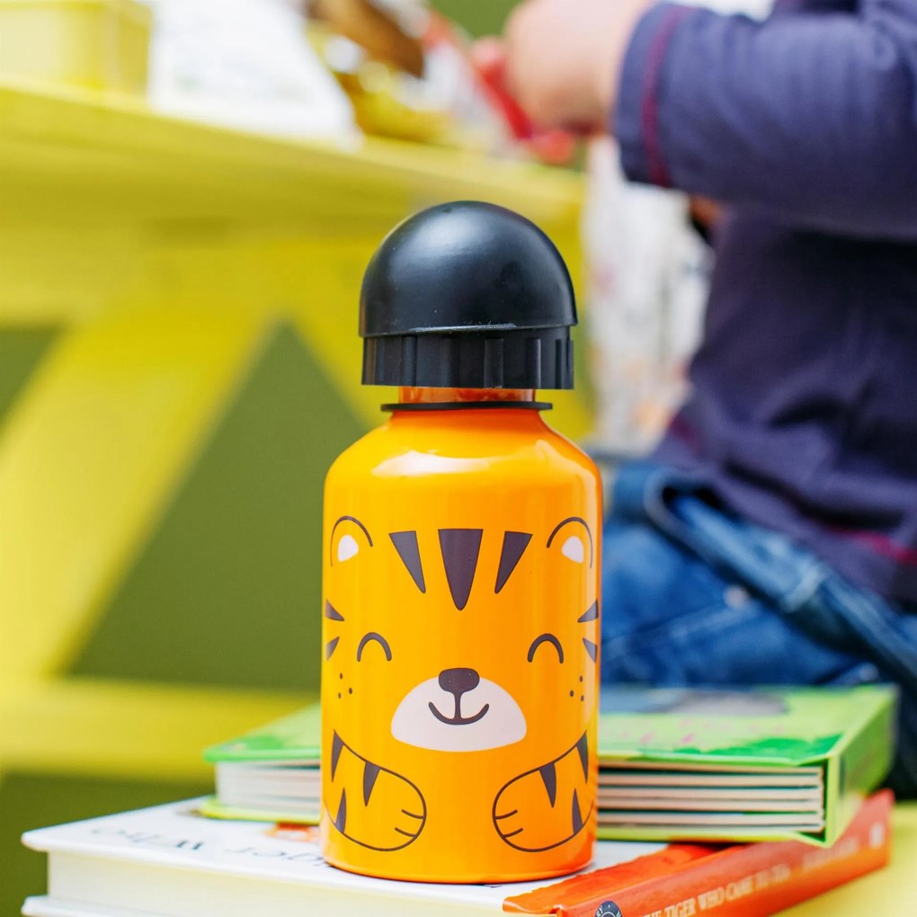 sass & belle Dětská kovová lahev Tiger Kids 300 ml, oranžová barva, černá barva, kov, plast