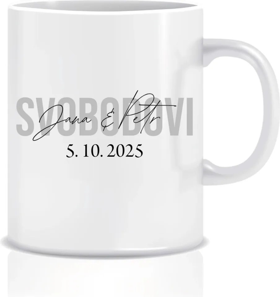 Personalizovaný klasický bílý keramický hrníček 300 ml se jmény novomanželů