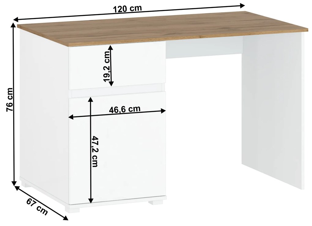 Kondela PC stůl 1D1S/120, bílý lesk/dub wotan, VILGO