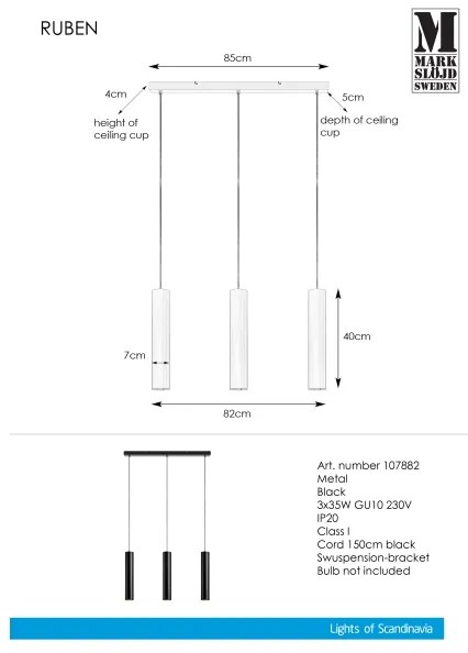 Markslöjd 107882 - Lustr na lanku RUBEN 3xGU10/35W/230V