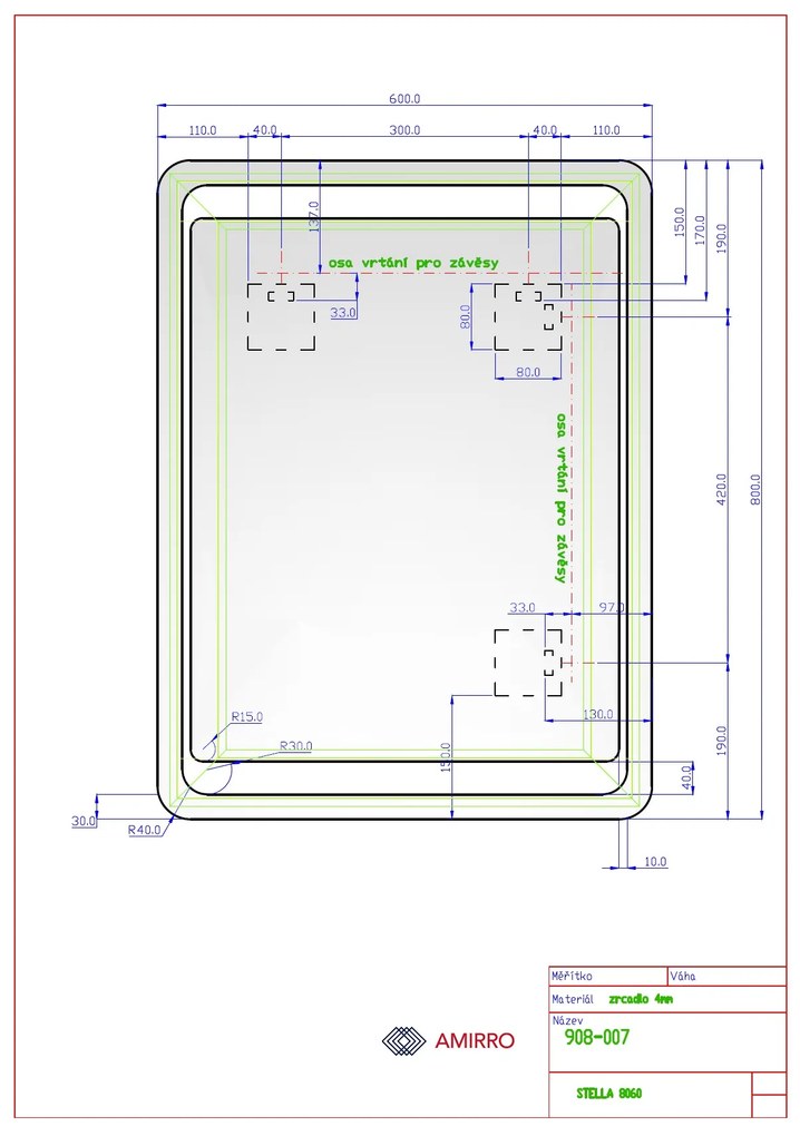 Amirro Zrcadlo na zeď dveře chodbu do pokoje ložnice koupelny předsíně STELLA 80 x 60 cm s LED osvětlením dokola a se zaoblenými rohy 908-007