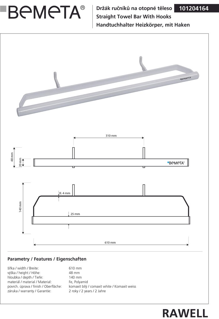 Bemeta Design RAWELL: Držák ručníků na topné těleso, 310 mm, bílý -