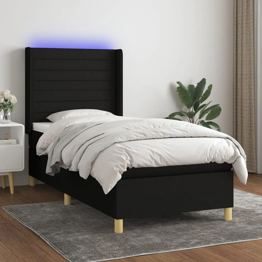 Box spring postel s matrací a LED černá 90x200 cm textil