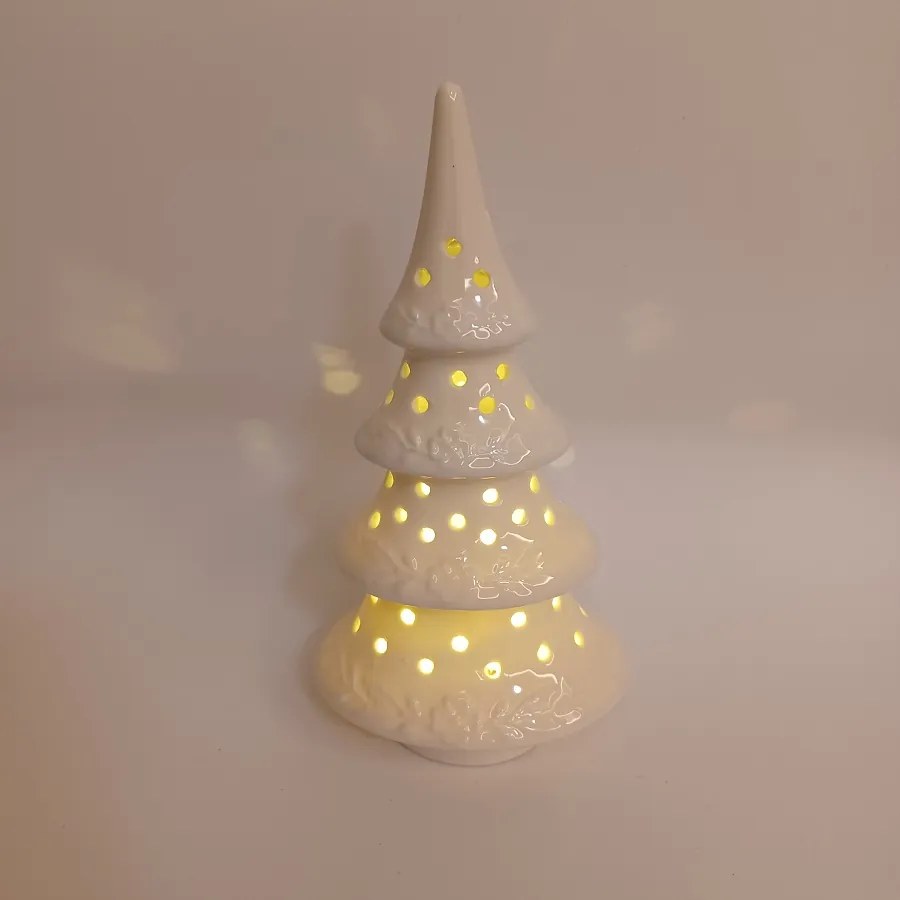 LED dekorace keramický stromeček, 9 × 7,4 × 17,8 cm, teple bílá, 2× LR44