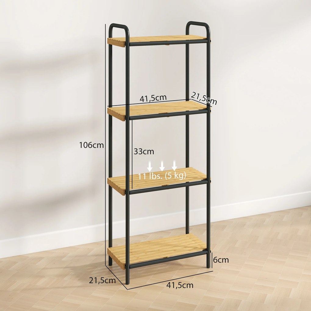 HOMCOM bambusový koupelnový regál se 4 otevřenými policemi, lamelový design a ocelová konstrukce, 41,5 x 21,5 x 106 cm, přírodní