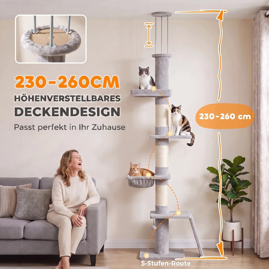 PawHut Škrabadlo do stropu 230–260 cm výškově nastavitelné Kočičí strom s 5 patry 3 silné sisalové škrabadla, sisalová škrabadlová deska