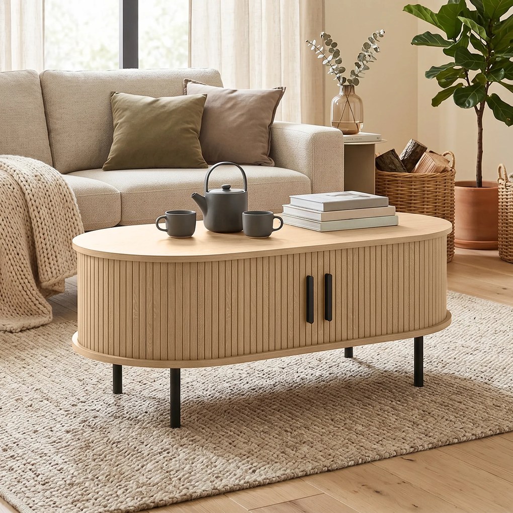 HOMCOM Oválný konferenční stolek z dřeva, moderní obývací stolek s posuvnými dveřmi a skrytým úložným prostorem, 100x55x40 cm, přírodní dřevo
