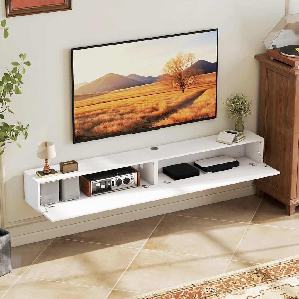 HOMCOM Zavěšený TV nábytek 180 cm, TV nábytek pro televizory až do 183 cm, 2 sklápěcí dveře, 180x25x22 cm, bílá