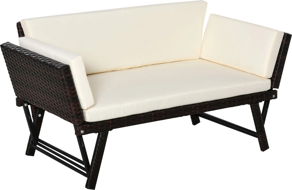 Outsunny Poly Rattan 2-místná zahradní sedačka s ocelovými nožkami, skládacími opěrkami 129 x 63 x 67 cm | Aosom