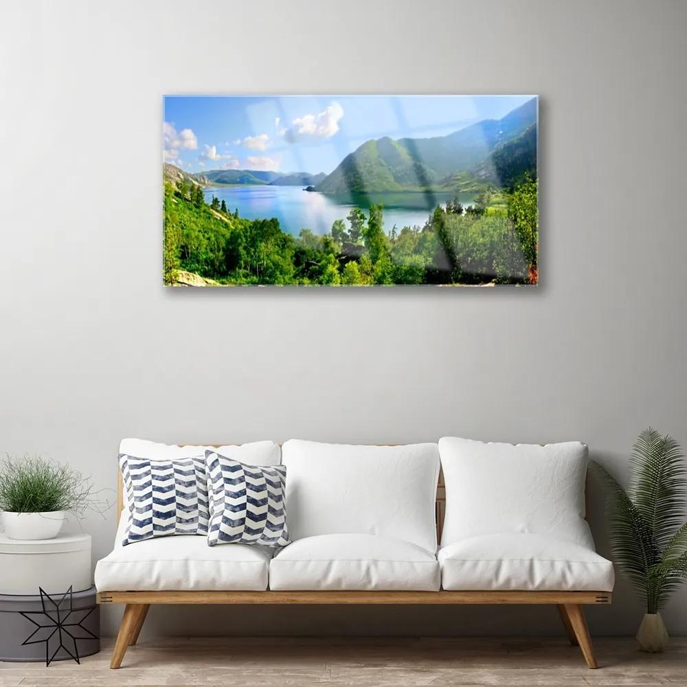 Obraz na skle Les Jezero Hory Krajina 120x60 cm