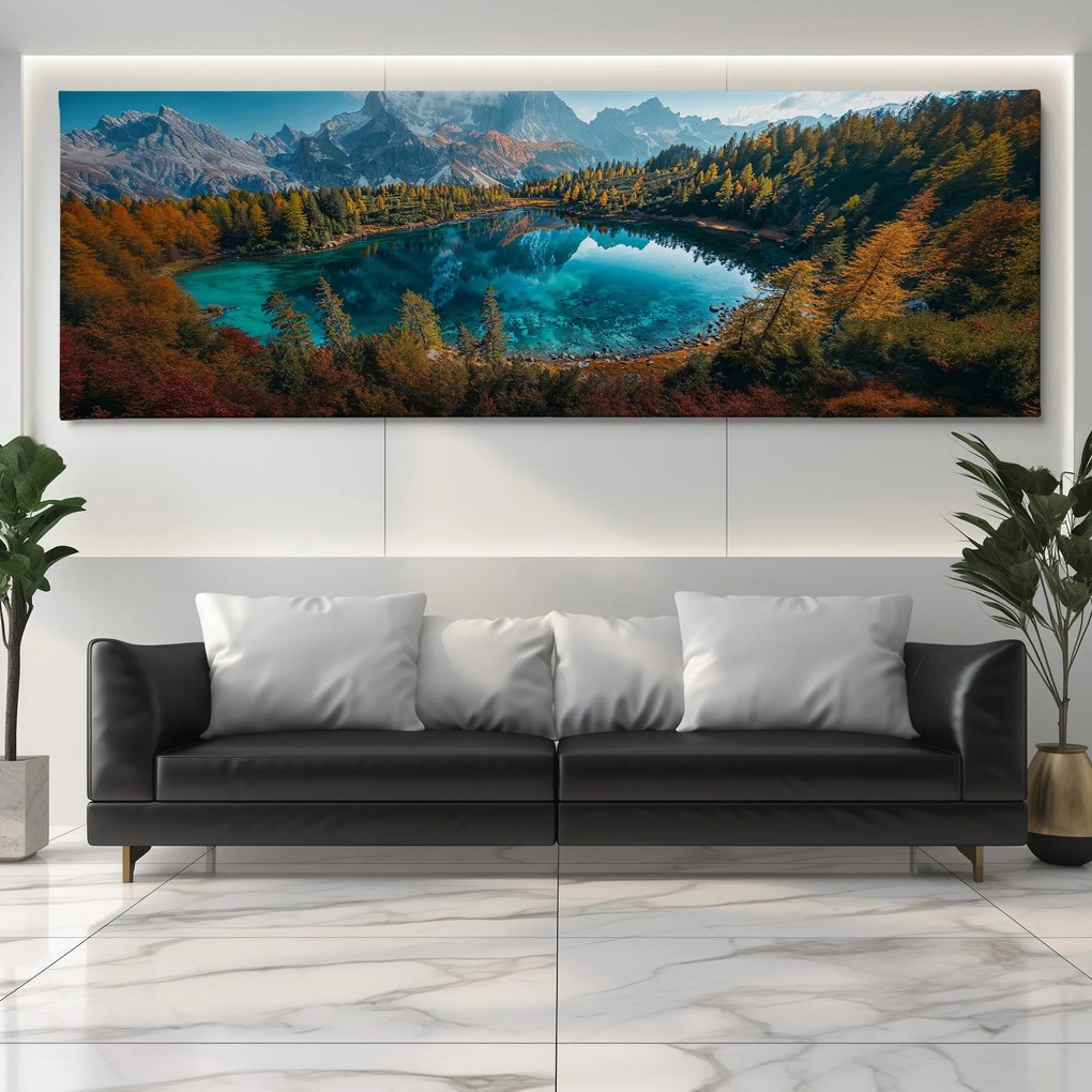 Obraz na plátně - Pohádkové jezero s odrazem hor FeelHappy.cz Velikost obrazu (šířka x výška): 120 x 40 cm
