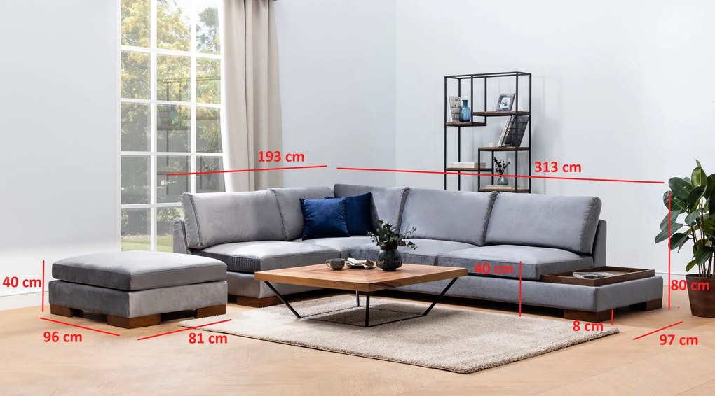 Hanah Home Rohová pohovka TULIP tmavě šedá levý roh s pufem 560ARE1164