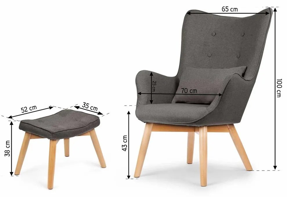 Global Income s.c. Čalouněné křeslo Alva s taburetem a polštářem - tmavě šedá