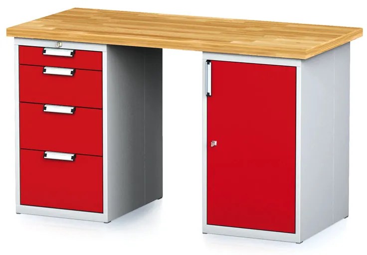 Alfa 3 Dílenský stůl MECHANIC I se zásuvkovým boxem a skříňkou na nářadí místo nohou, 4 zásuvky, 1500 x 685 x 880 mm, červené dveře