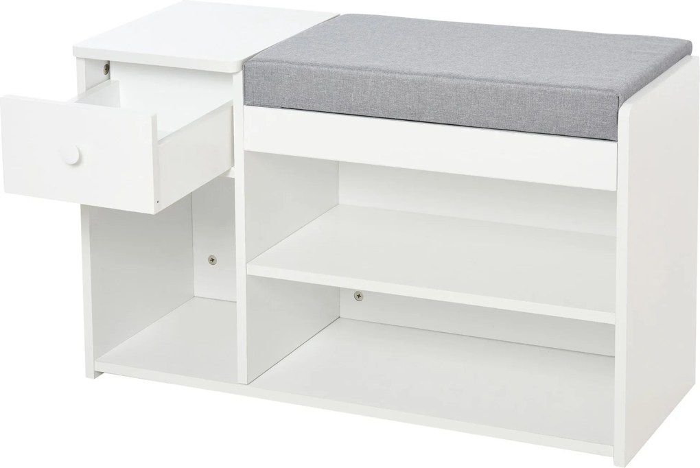 HOMCOM botník s polstrováním, šuplíkem a 3 otevřenými přihrádkami, dřevěný nábytek do chodby 81x31,5x49cm, bílý