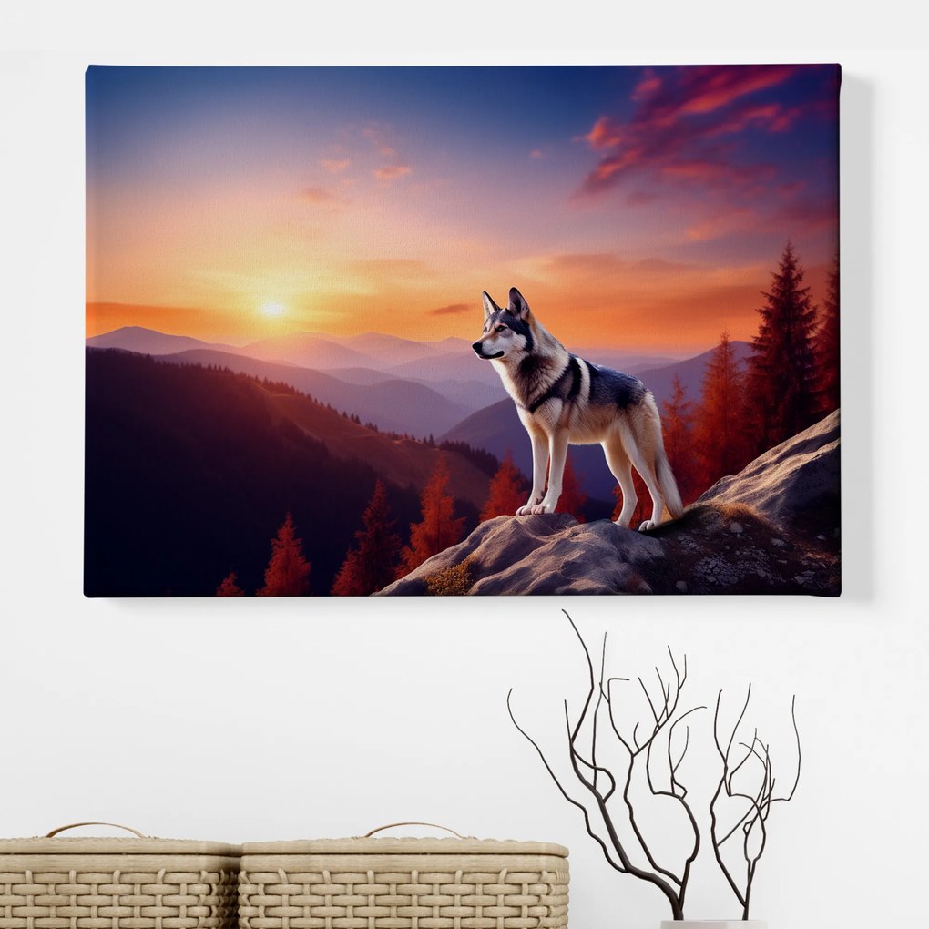 Obraz na plátně - Vlk na skále s magickým západem slunce FeelHappy.cz Velikost obrazu: 120 x 80 cm